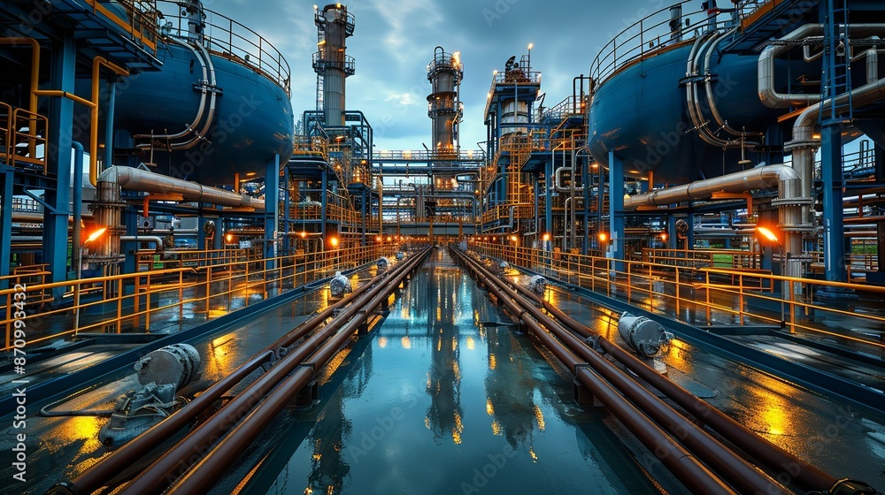 Realistic photo of industrial waste treatment plant, with large tanks ...