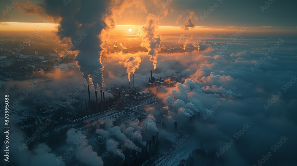 Realistic photo of air pollution from factory emissions, with dense ...