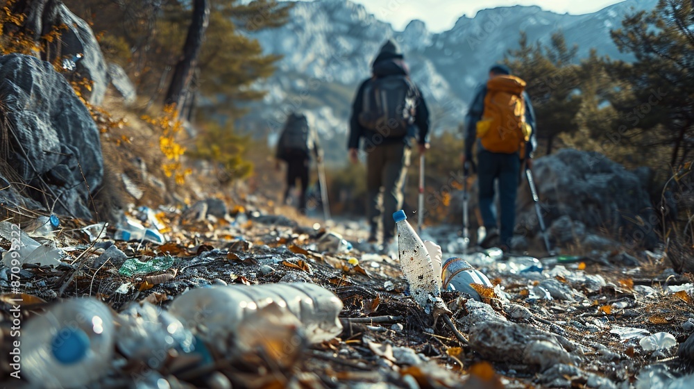 Realistic photo of plastic pollution in a mountain trail, with hikers ...