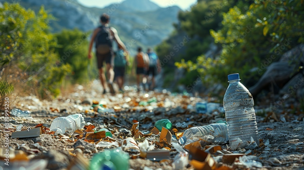 Realistic photo of plastic pollution in a mountain trail, with hikers ...