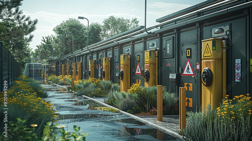 Realistic photo of industrial waste containment area, with secure ...