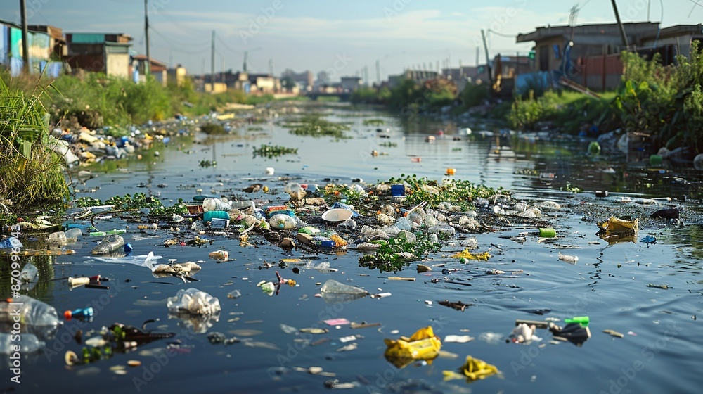 Realistic photo of water pollution in an urban canal, with floating ...