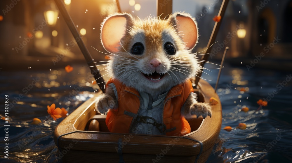 Cute cartoon mouse sailing in a tiny boat on a magical adventure ...