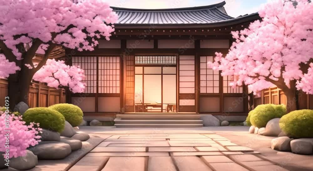 Japanese traditional house in the garden with cherry blossoms ...