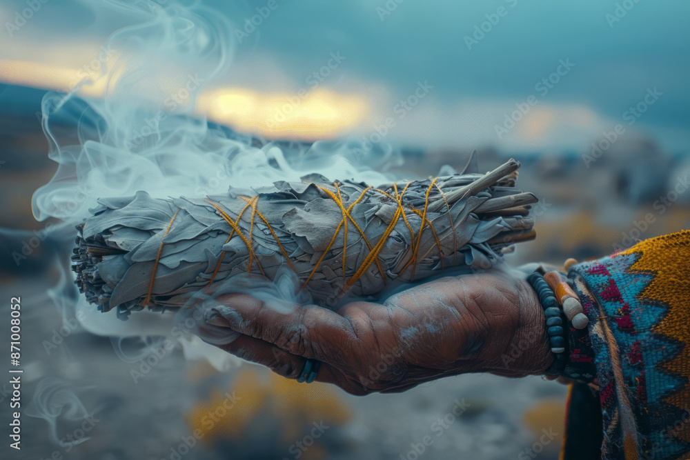 Macro image of a traditional Native American smudging ceremony, with a ...