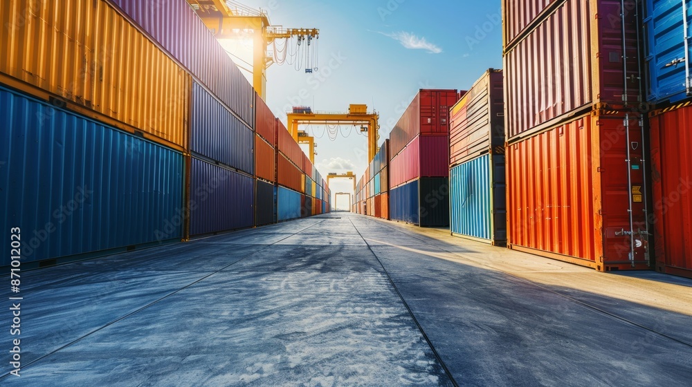 An expansive modern port storage facility showcasing towering stacks of ...