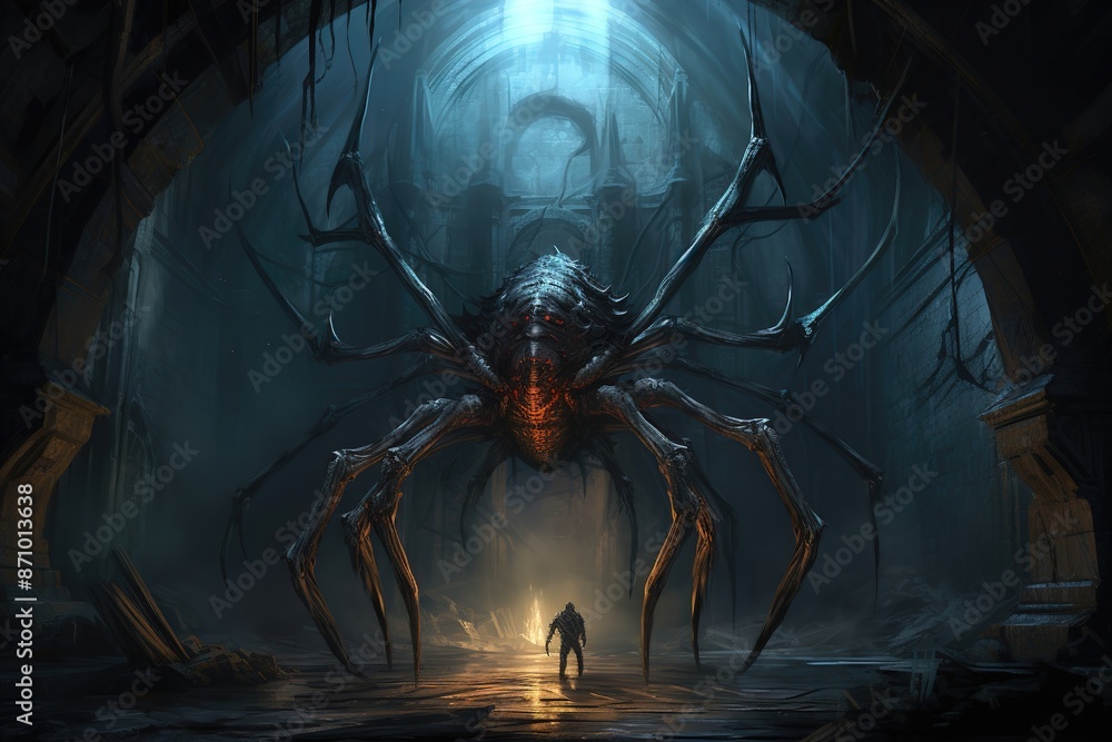 Adventurer in front of a huge gate to a dungeon with an arachnid insect ...