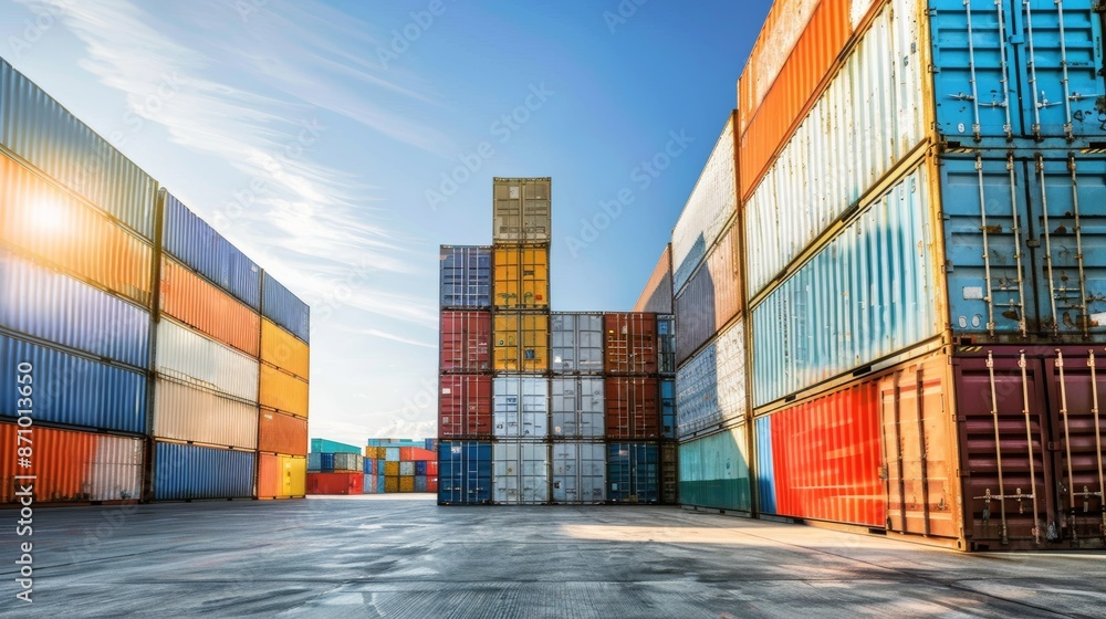 An expansive modern port storage facility with towering stacks of ...