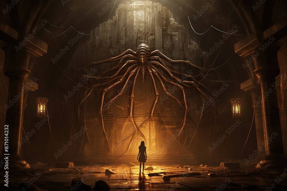 Girl in a dungeon in front of a huge gate with an automaton robotic ...