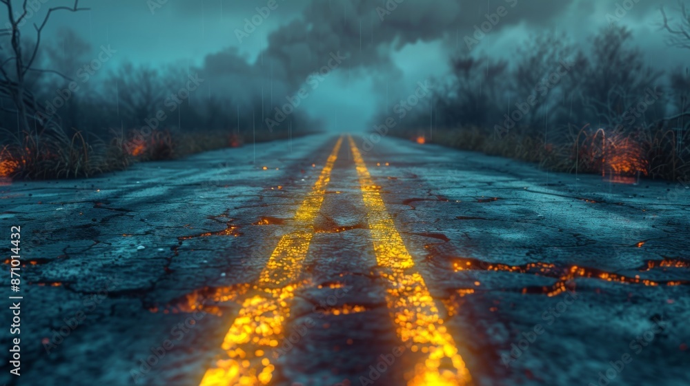 Apocalyptic Road with Cracks and Smoke. An eerie, cracked road with ...