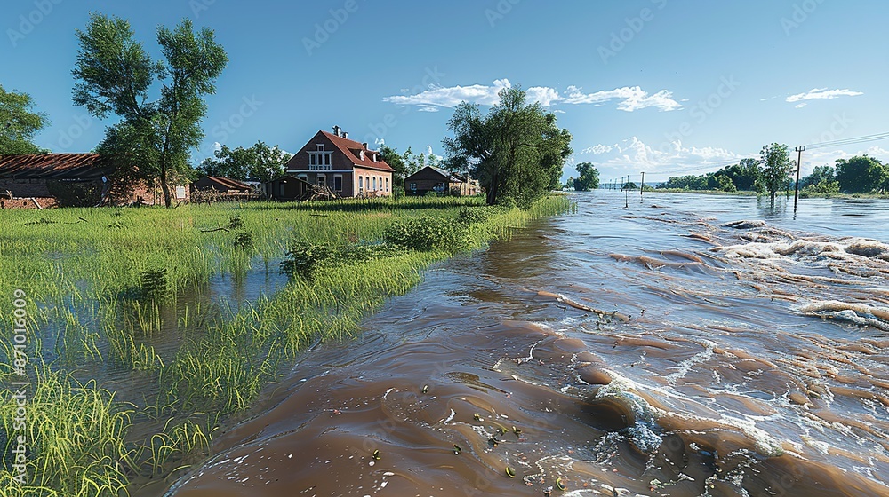 Dynamic realistic photo of an El Nino-induced flood in a rural area ...