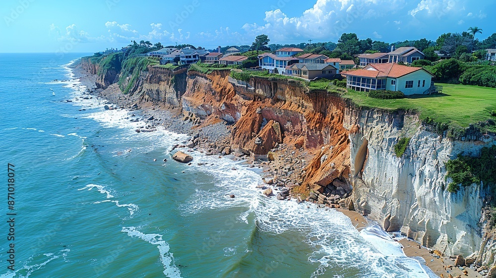 Realistic photo of coastal erosion's gradual impact on a cliffside ...