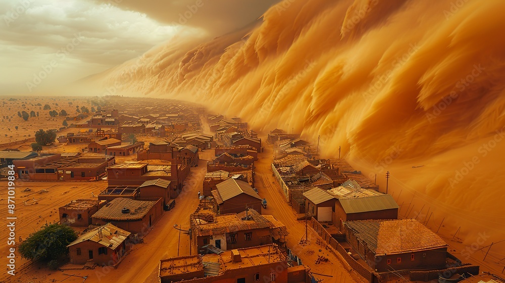 Stunning realistic photo of a sandstorm enveloping a desertified ...