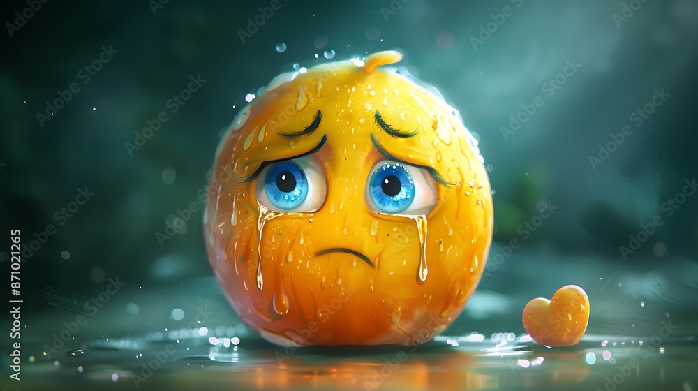Generate an AI artwork of a sad emoji with watery eyes and a heavy ...