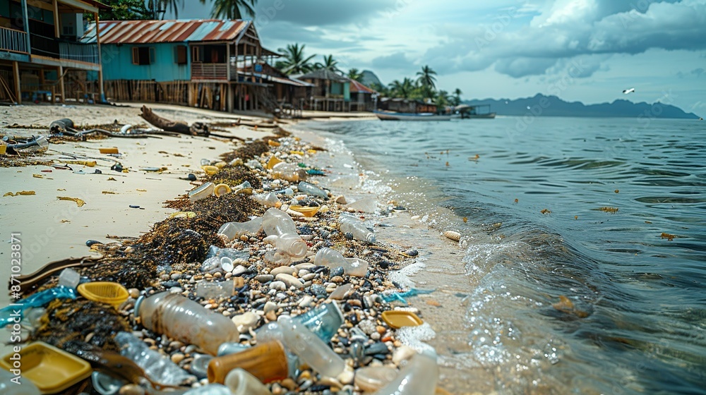 Realistic photo of a polluted beach in a densely populated area ...