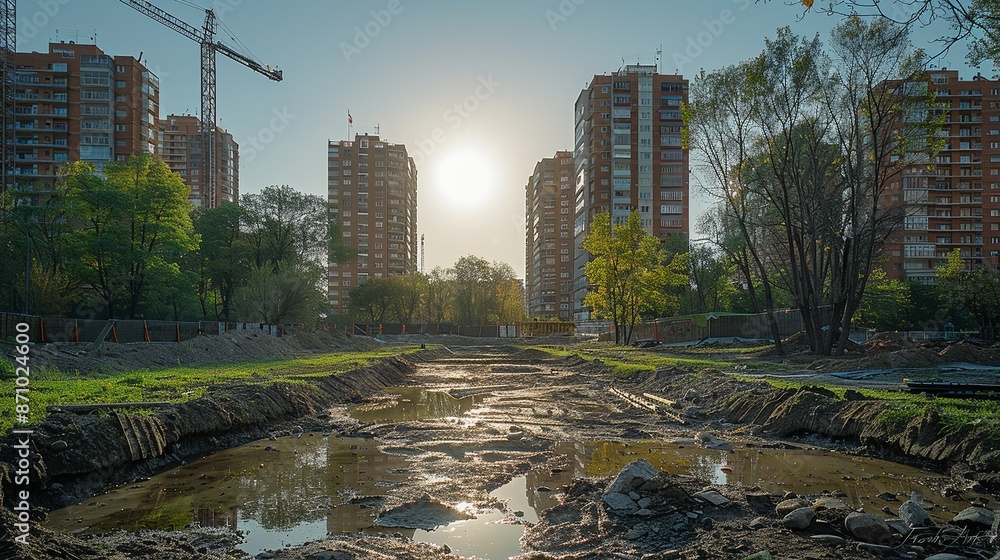 Realistic photo of an urban park under construction, showing efforts to ...