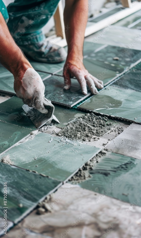 close-up view of worker tiling floor with green tiles, holding tools ...