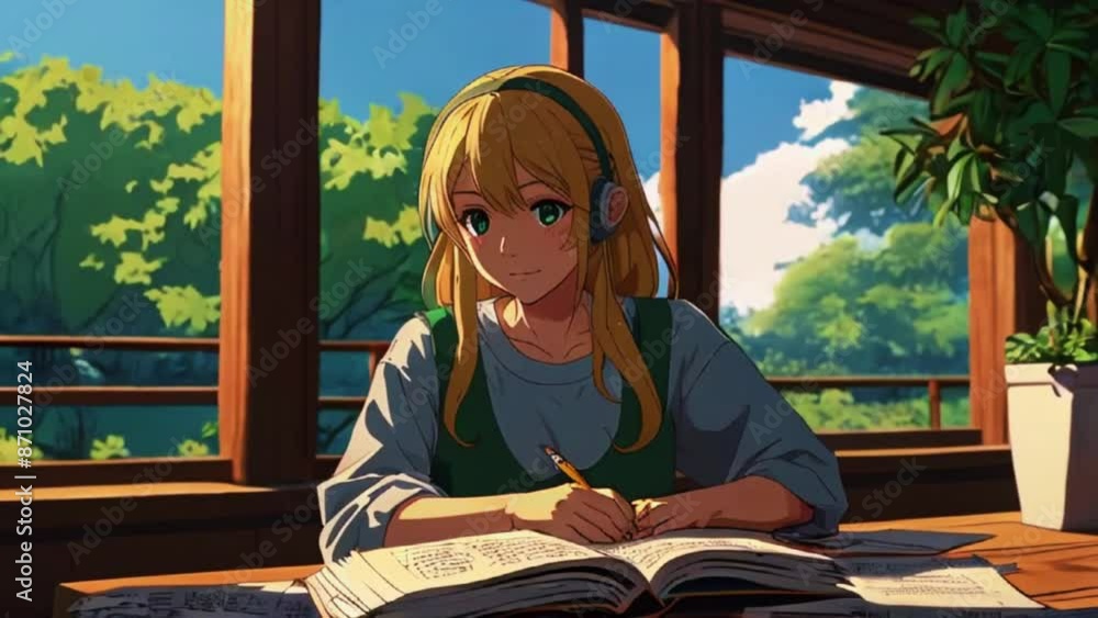 anime girl studying while listening to relaxing music. Lofi anime, 4k ...
