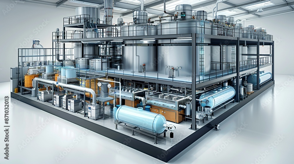 A cross-sectional view of a food processing plant with mixing tanks ...