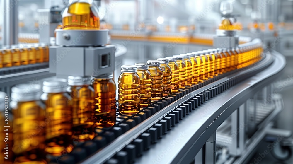 An artistic depiction of a beverage bottling plant with automated ...