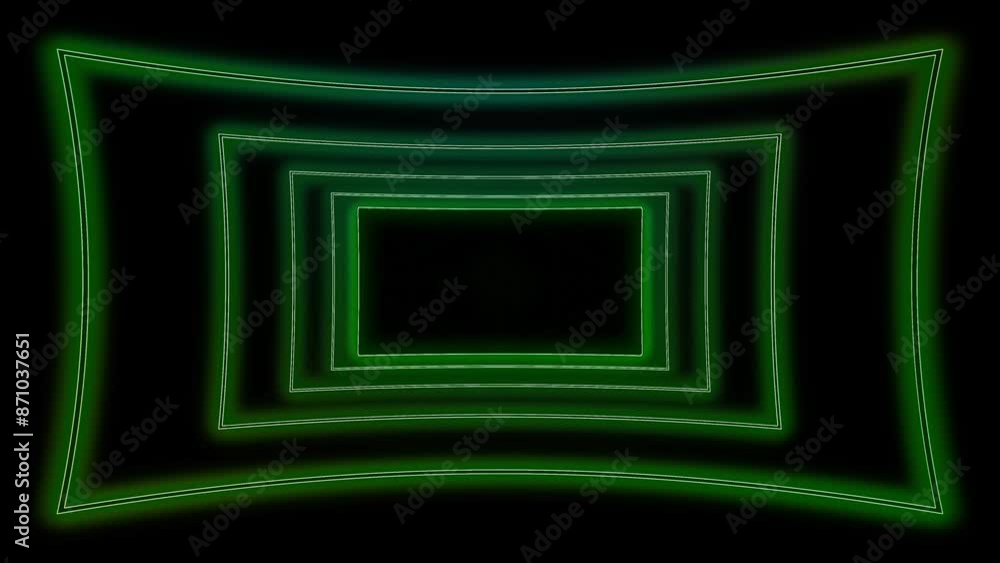 Green neon rectangles frames border zooming flying forward through ...
