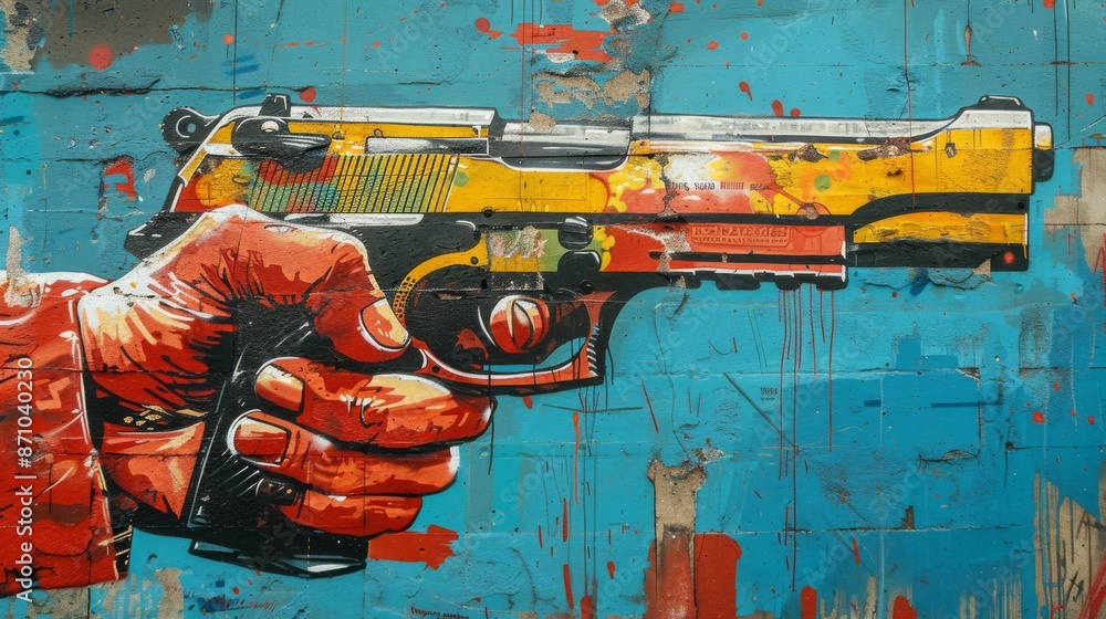 Colorful Gun Graffiti on Urban Wall. Vibrant graffiti of a hand holding ...