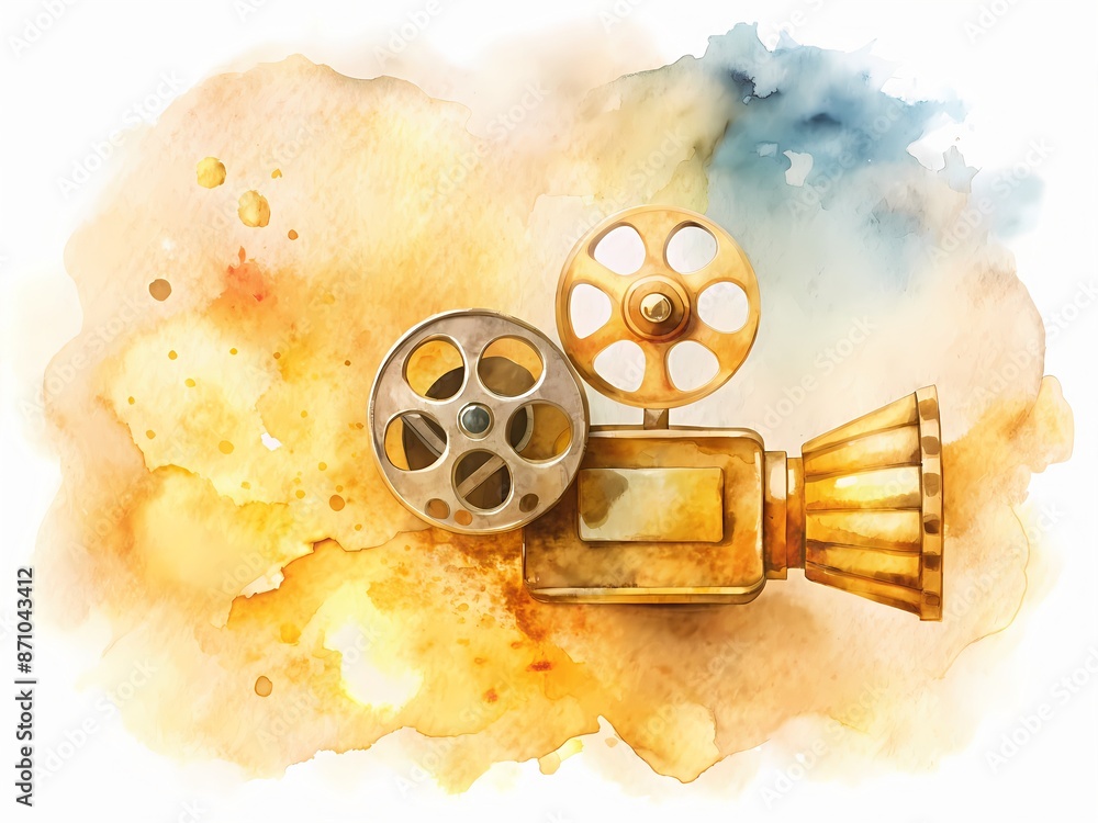 Gold cinema movie shooting icon with film reel and clapboard elements ...