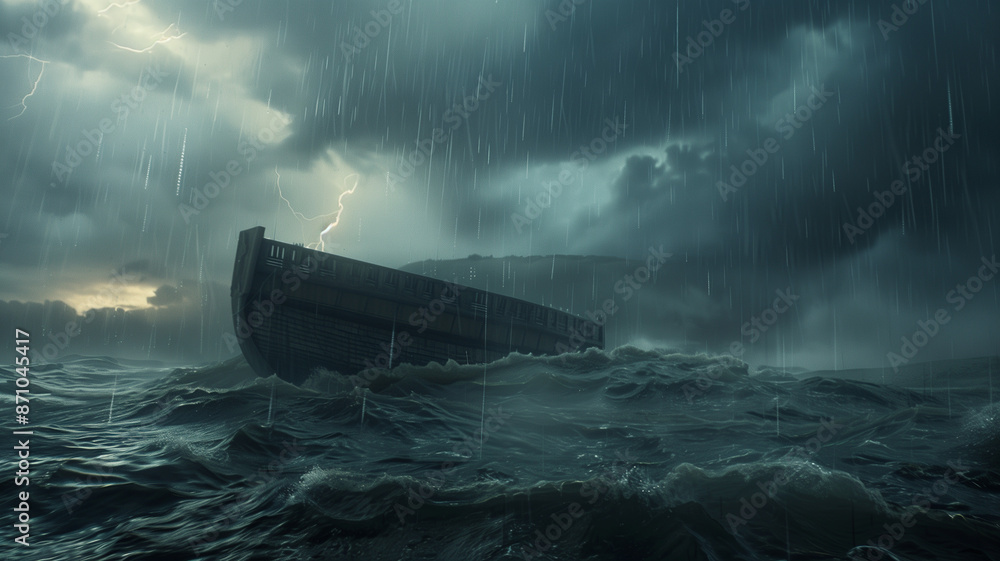 Noah's Ark in stormy seas during the great flood with a lightning bolt int he distance. Stock ...