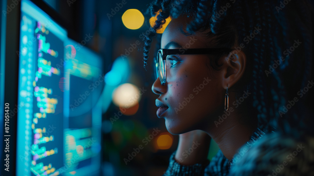 Side profile of black female IT software developer working on computer ...