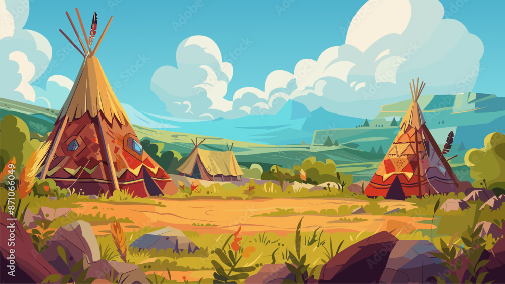 Ancient North American Indian Settlement Cartoon Game Background ...