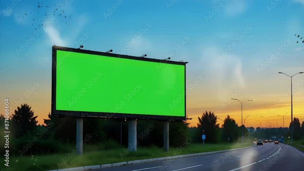 green screen billboard on the side of the toll road with an urban ...