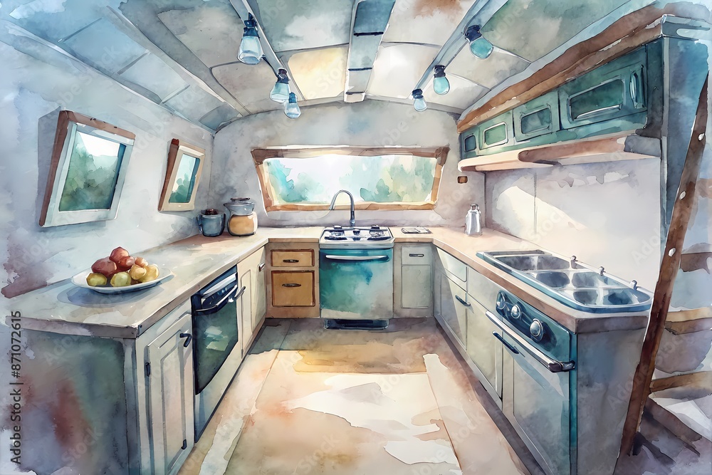 Cozy caravan kitchen interior with sleek countertops, modern appliances ...