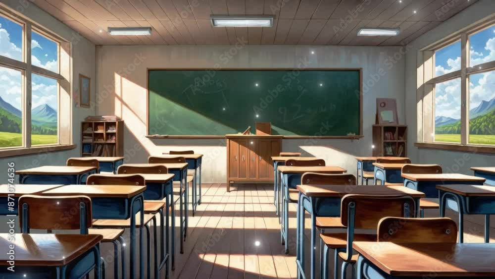 Empty school classroom with neat desks, chalkboard, chairs. minimalist ...