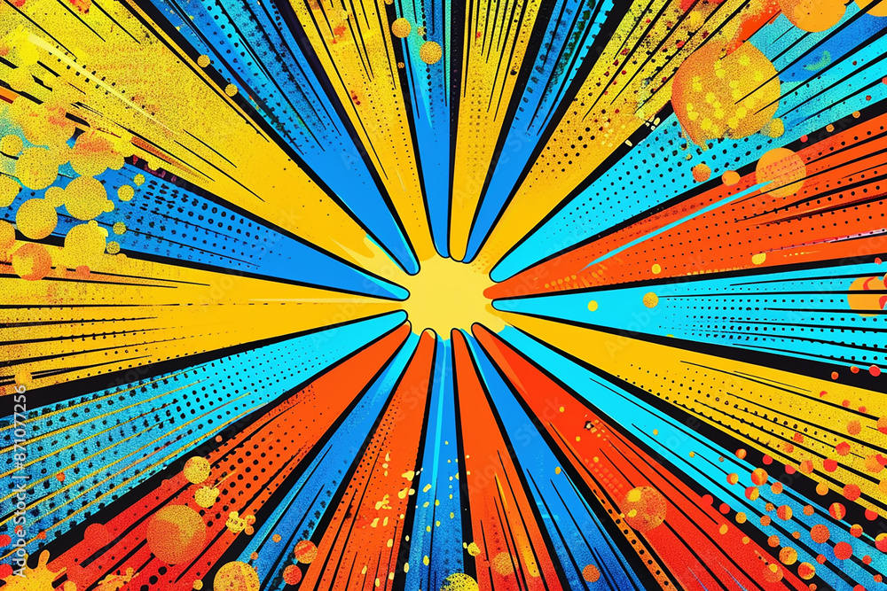 Vibrant comic book style background with explosive radial lines in blue ...