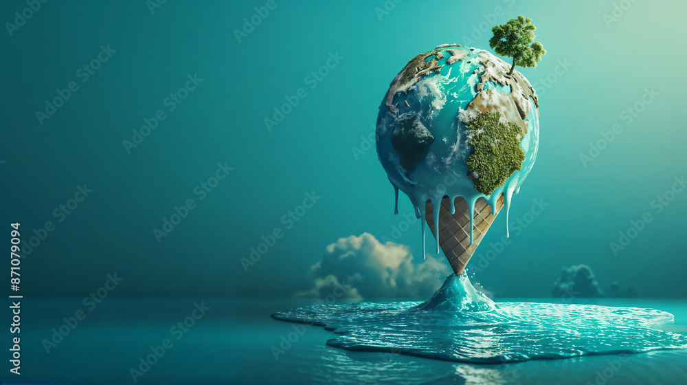 Melting ice cream cone with Earth as the scoop, dripping onto a ...