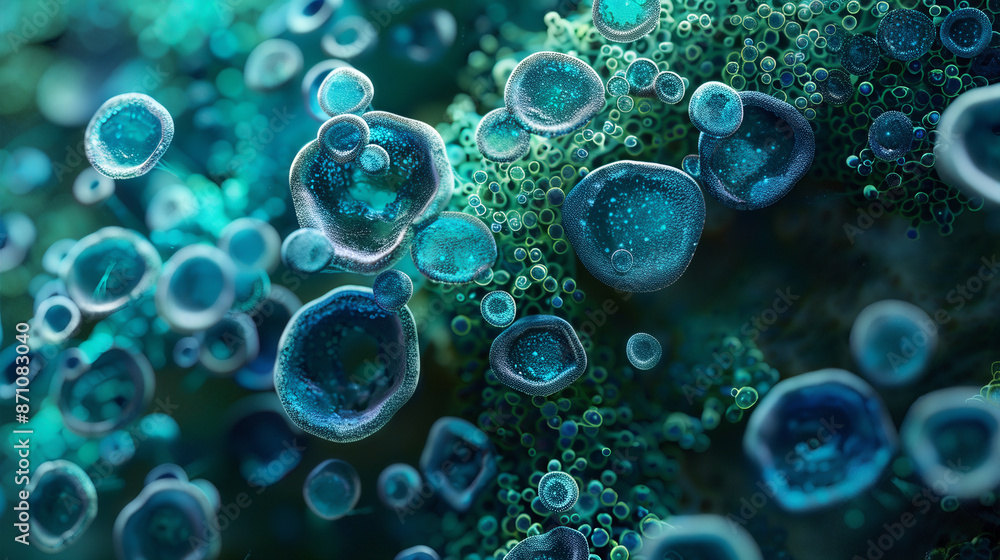 Microscopic view of blue cells in a scientific illustration showing ...