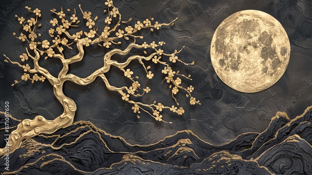 Ancient gold Plum Tree Blossoms Under the Full Moon. Moon and Night ...