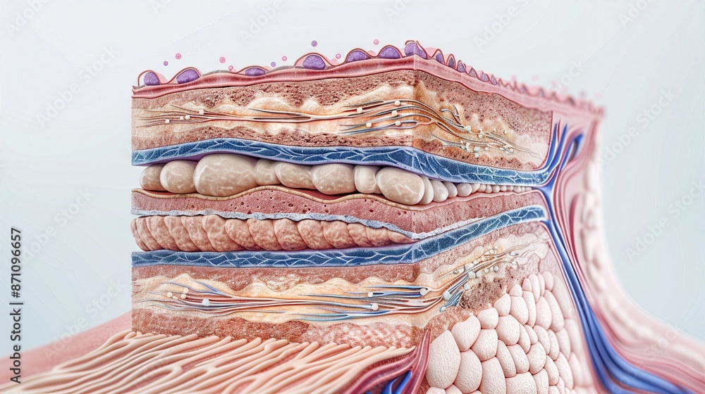 Detailed cross-sectional view of human skin layers showing epidermis ...