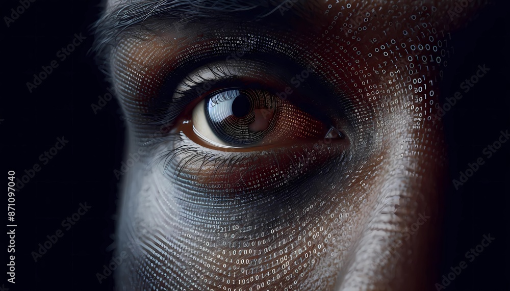 intimate portrait of a human eye. / Seen from profile, a mesh of binary ...