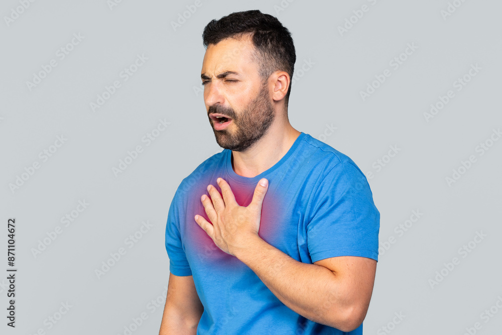 Breathing problem. Sick middle-aged man with chest pain touching ...