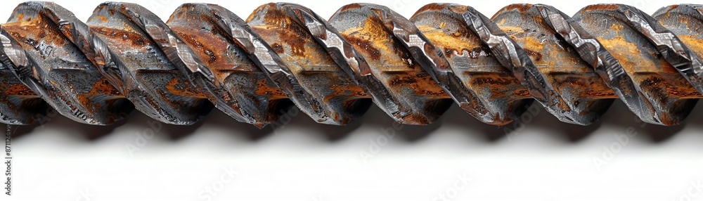 Deformed rebar with a detailed view of the ridges, isolated on white ...