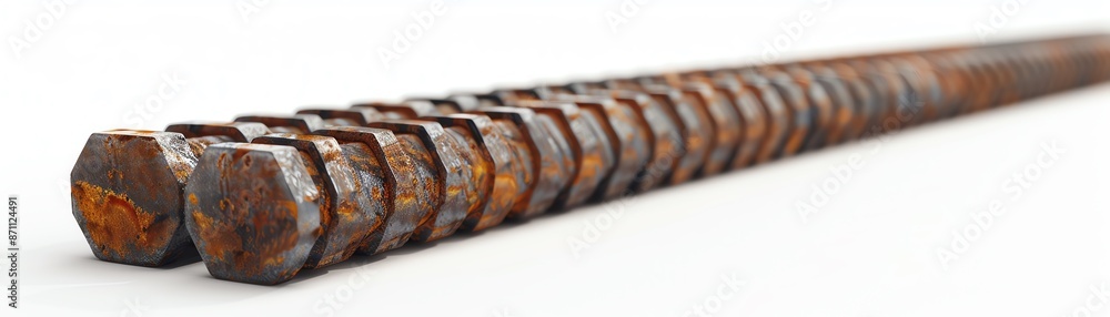 Deformed rebar with a detailed view of the ridges, isolated on white ...