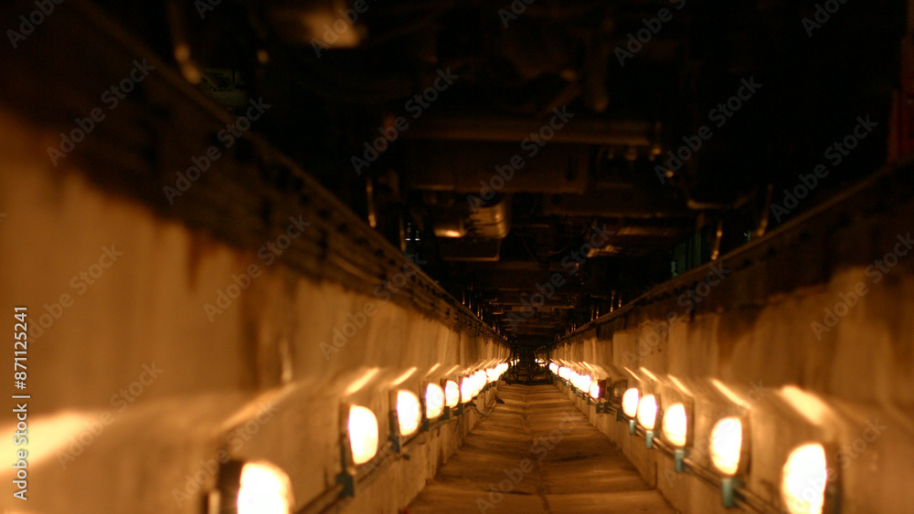 Tunnel illuminated lanterns. Long air-raid shelter. Concrete channel ...