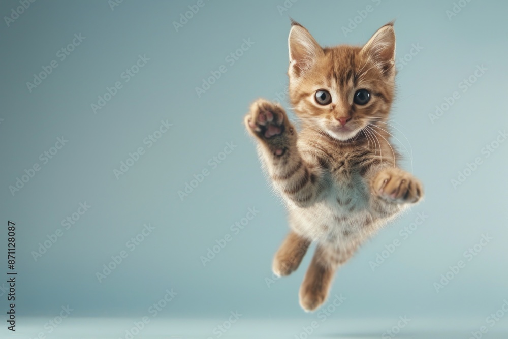 cat jumping in the air. ginger cat stands on its hind legs and reaches ...