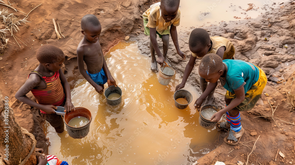 Children collecting dirty water from a muddy pond, highlighting water ...