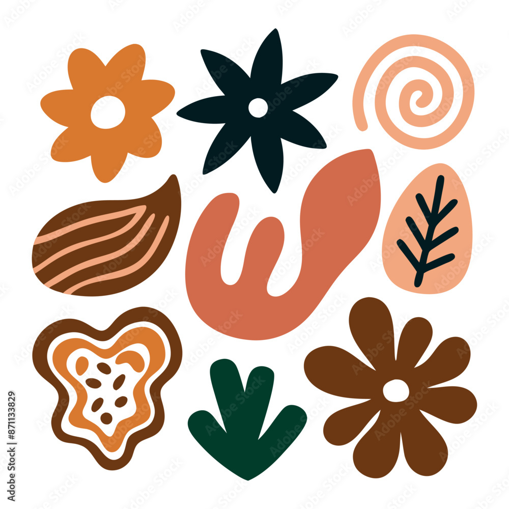 Doodle and abstract nature icons on isolated white background. Summer ...