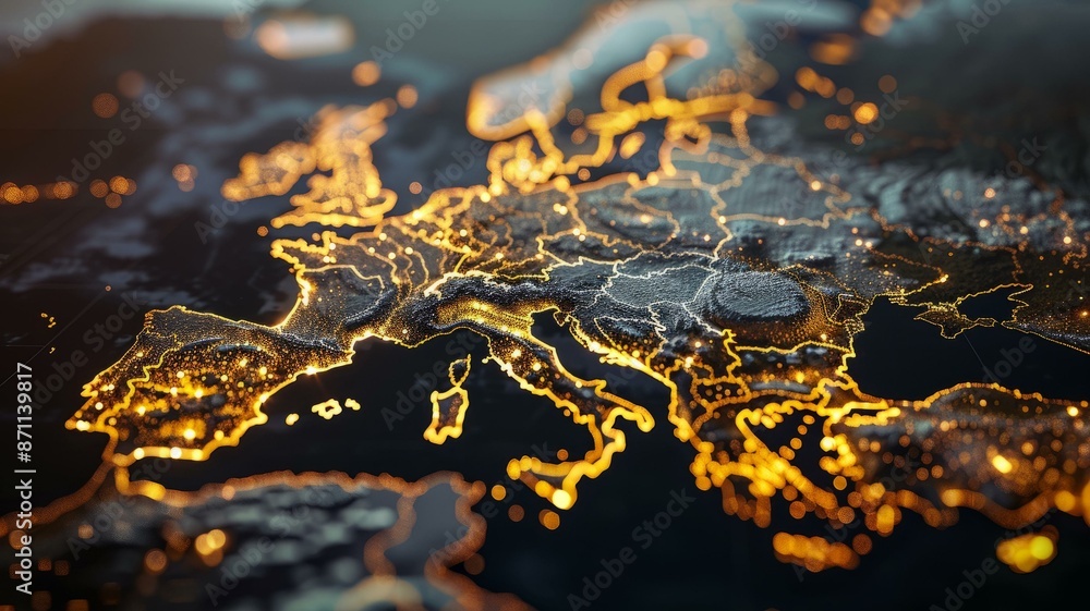 Aerial view of Europe showcasing glowing city lights and major trade ...