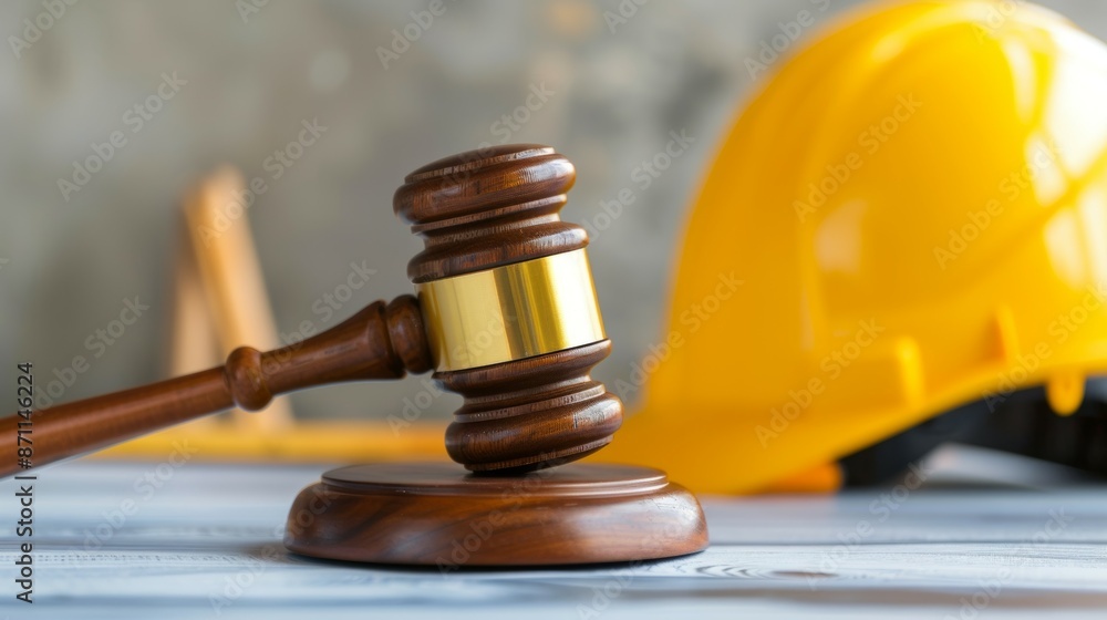Judge's gavel and builder's helmet. Concept of construction permit or ...