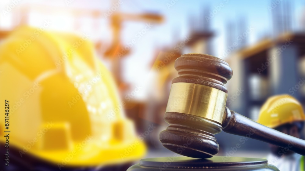 Judge's gavel and builder's helmet. Concept of construction permit or ...