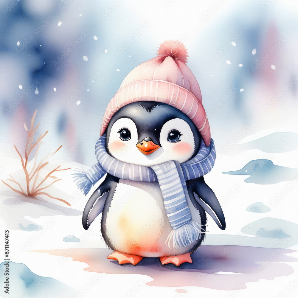 Cartoon baby penguin with soft colors and a blushing face stands amidst ...